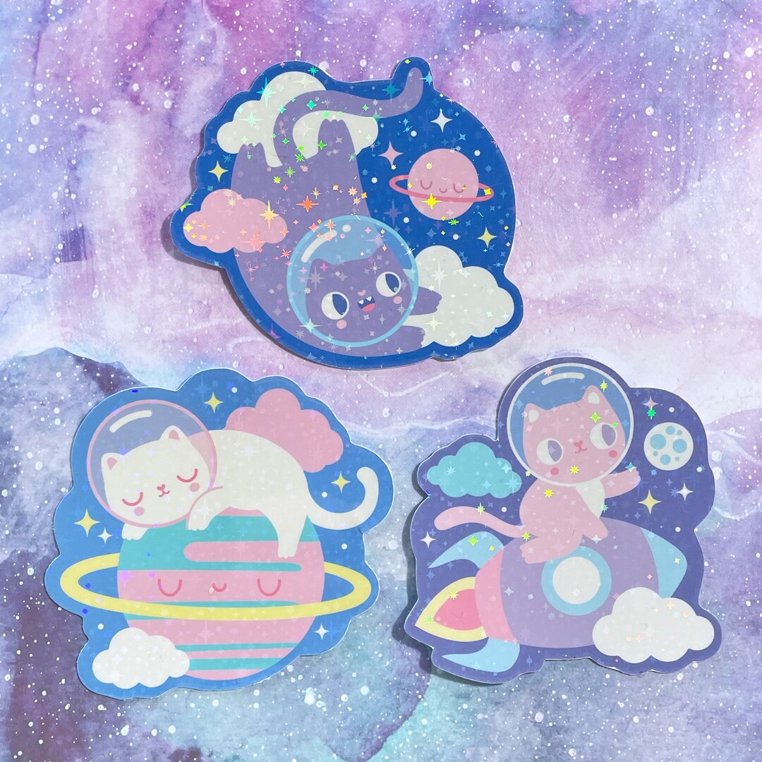 Space Cat Glitter Stickers: Cosmic Kitty Vinyl Decals - Etsy