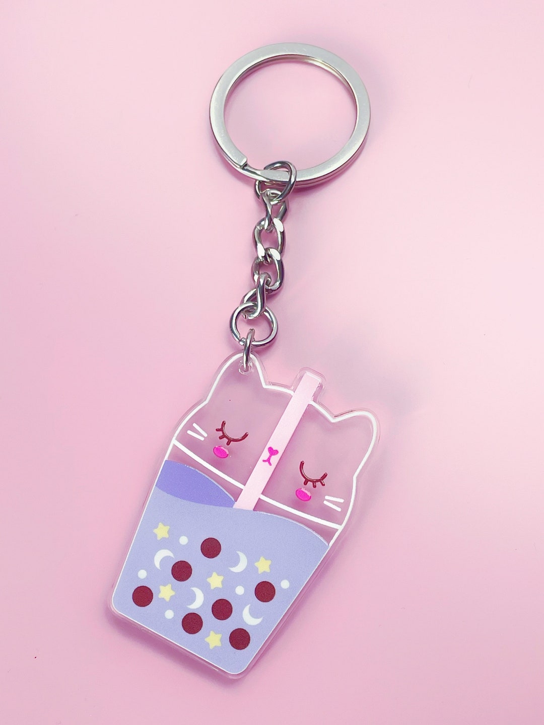 Kawaii Boba Tea Cat Keyring – Cute Lavender Acrylic Keychain for Bubble ...