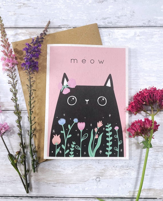 Eco Friendly Black Cat Card A6 Greeting Card on Recycled | Etsy