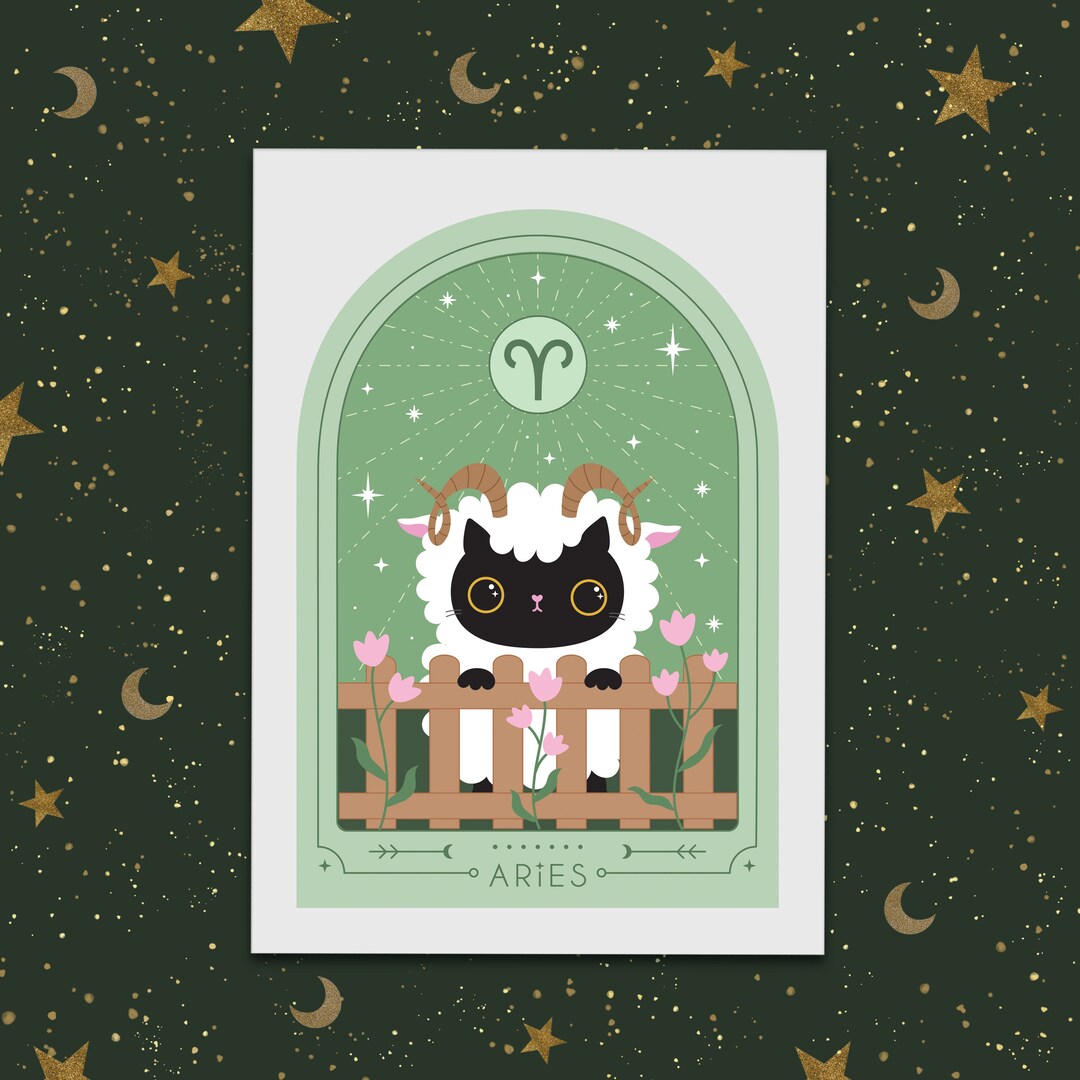 Aries Zodiac Kitty Art Print Cute Star Sign Print Astrology Art - Etsy