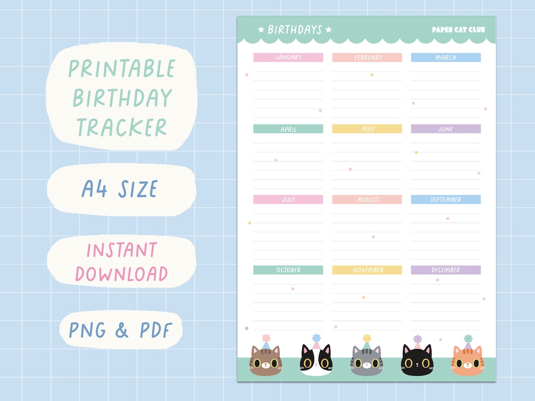 Digital Birthday Tracker Printable – Cute Cat Design – Instant Download ...