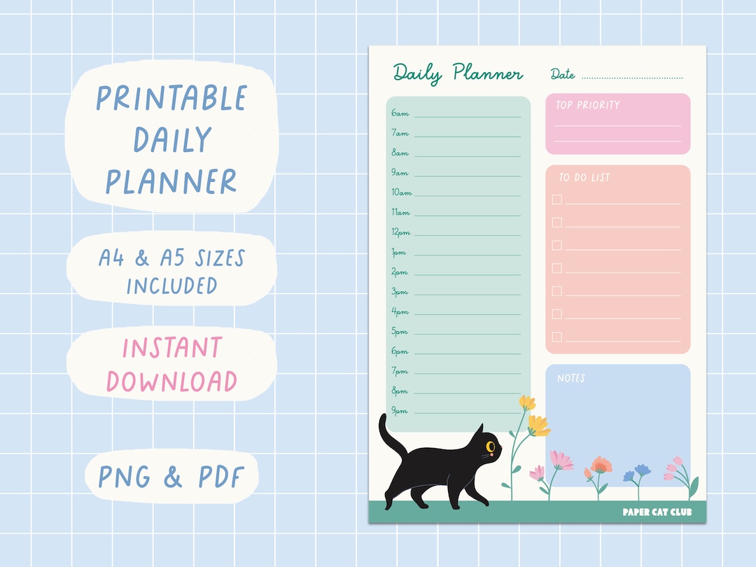 Super Cute Daily Planner Printable - Flower and Cat Theme - Download ...