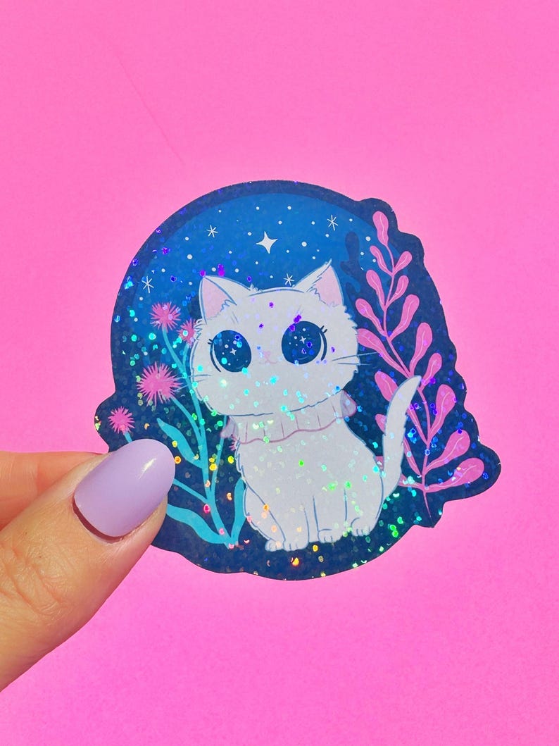 Kawaii White Cat Stargazer Sticker: Holographic Laptop Decal - Etsy
