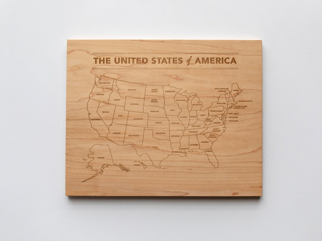 Wooden Map of the United States of America • Engraved USA Modern States ...