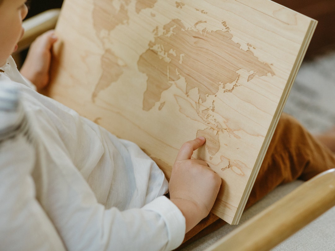 Wooden World Map • Engraved Modern Map of the World's Continents ...