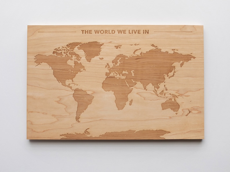 Wooden World Map • Engraved Modern Map of the World's Continents ...