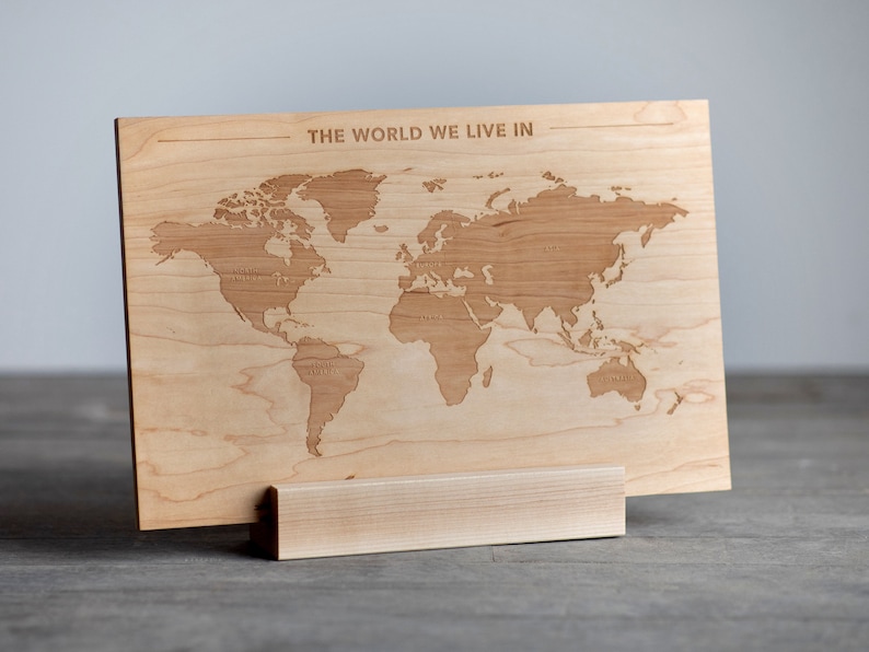 Wooden World Map • Engraved Modern Map of the World's Continents ...