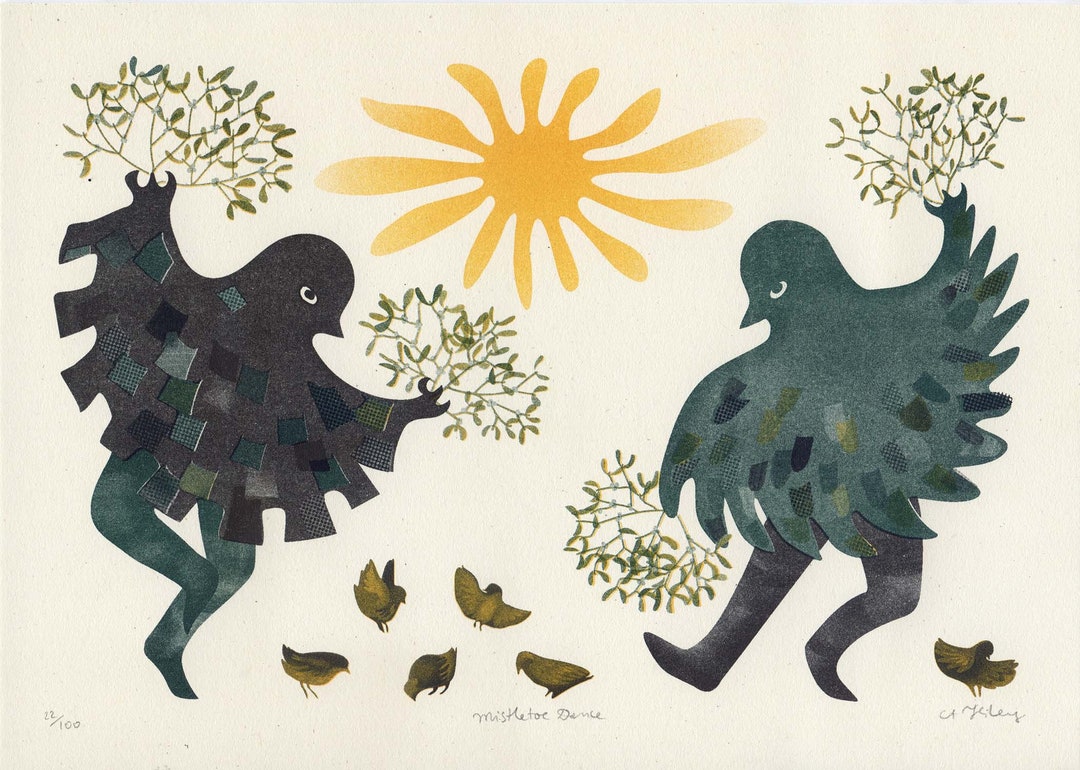 Mistletoe Dance Risograph Print, Whimsical Folk Art Illustration of a ...