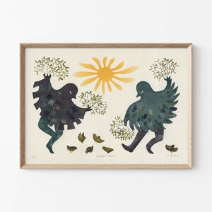Mistletoe Dance Risograph Print, Whimsical Folk Art Illustration of a ...
