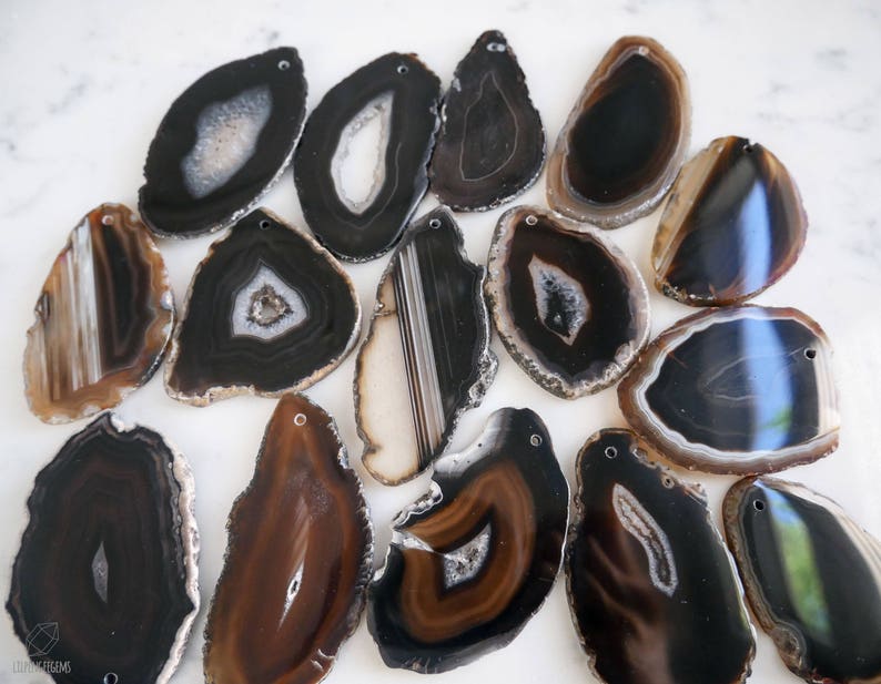 BLACK Agate Slice Stones. DRILLED Raw Agate Slices. Black - Etsy