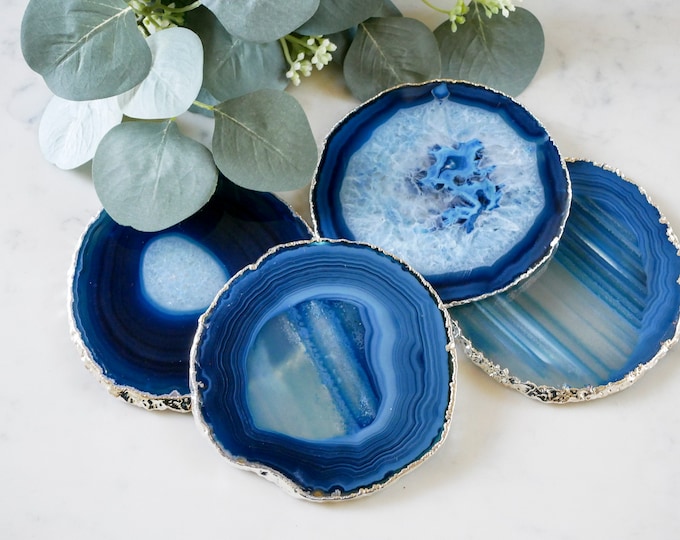 BLUE Agate Coasters GOLD or SILVER Rim. Geode Coasters. Gem Coasters ...