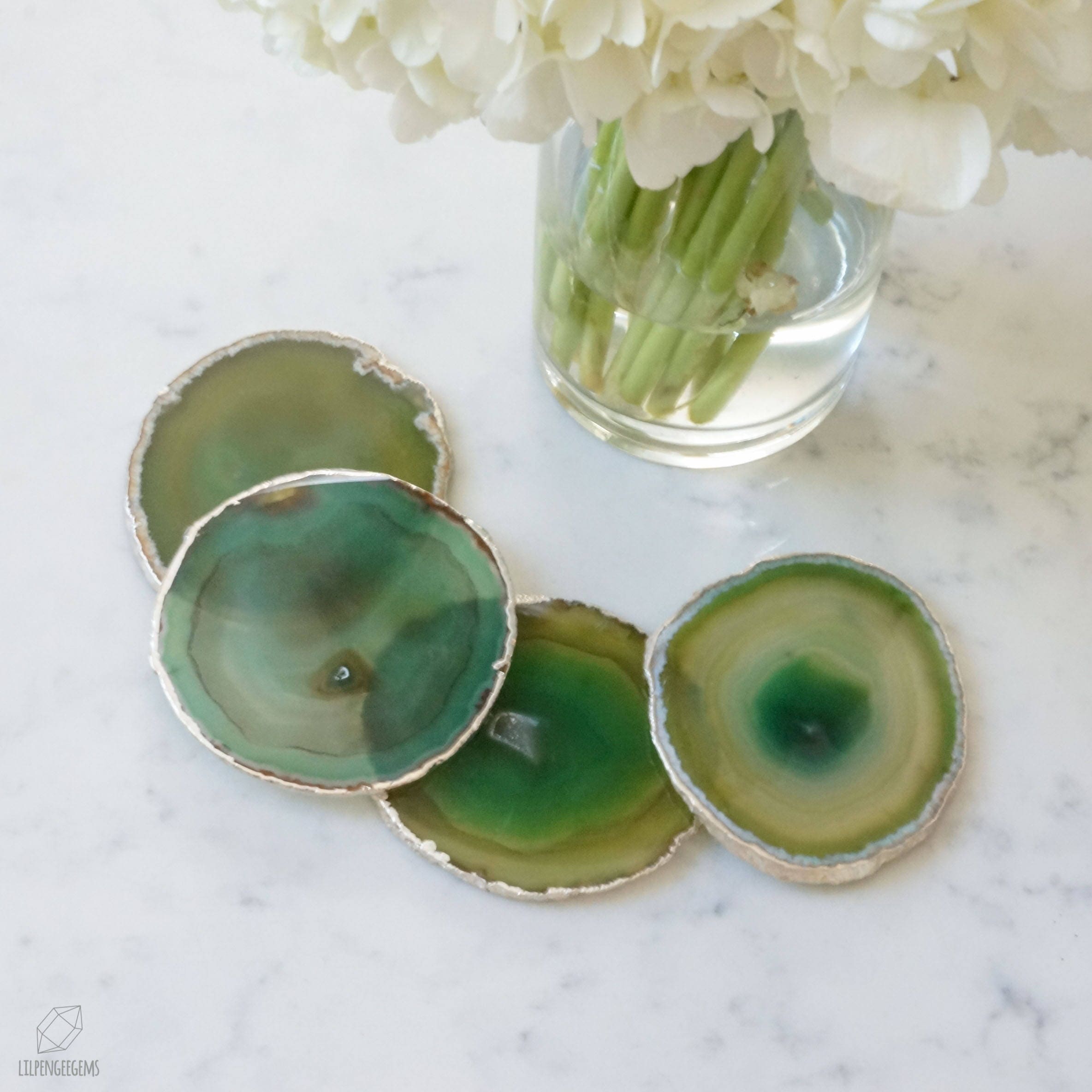 GREEN Agate Coasters. Emerald Geode Coasters. Gem Coasters. SILVER or ...