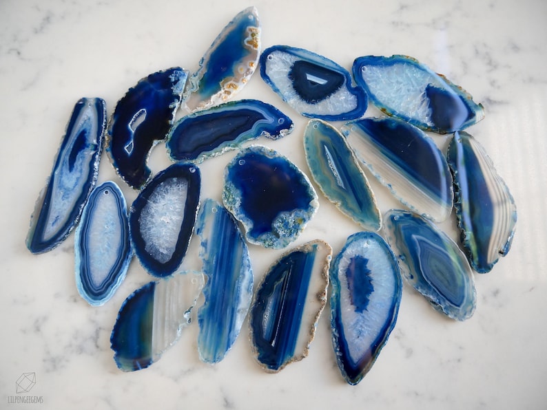 BLUE Agate Slice Stones. DRILLED Raw Agate Slices. Royal Blue Agate ...