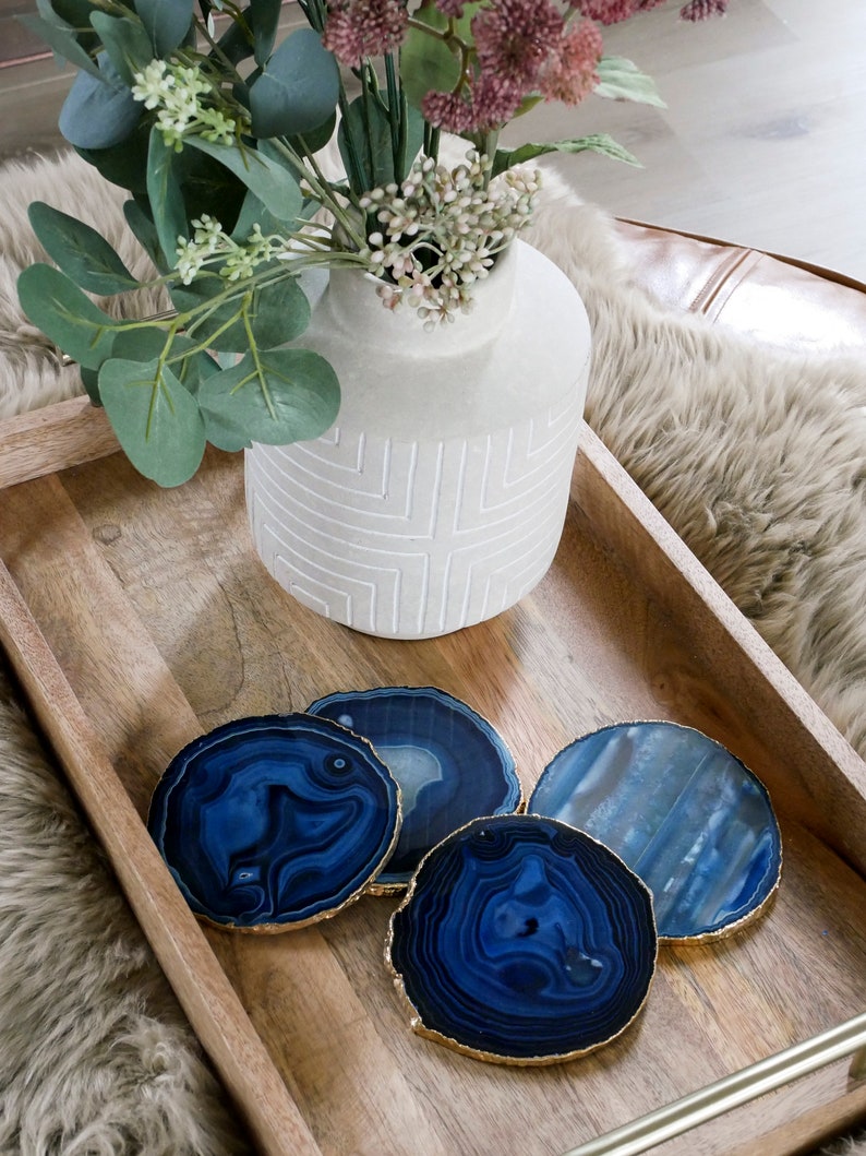 BLUE Agate Coasters GOLD or SILVER Rim. Geode Coasters. Gem Coasters ...