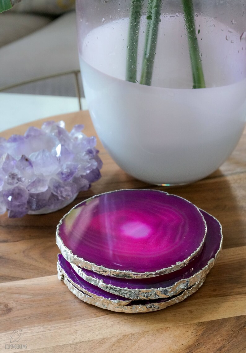 PINK agate coasters. fuchsia geode coasters. magenta gem | Etsy