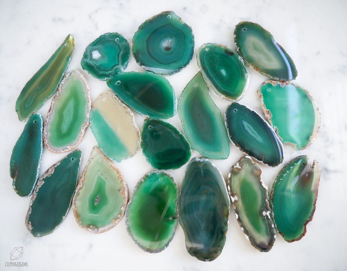GREEN Agate Slice Stones. DRILLED Raw Agate Slices. Emerald - Etsy