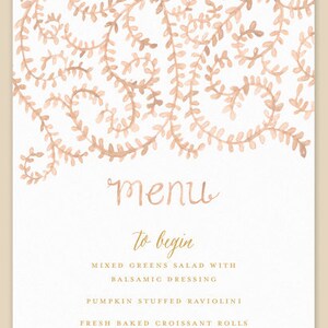 Pretty Menu Card With Hand-painted Watercolor Vine Swirl Motif, Elegant ...