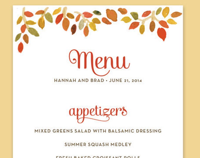 Fall Leaves Wedding Menu Card With Watercolor Leaves, Fall Wedding Menu ...