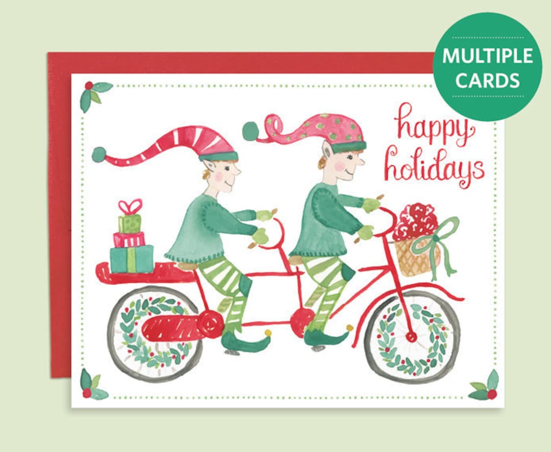 Elf Holiday Card, Elf Christmas Cards, Elves Riding Bike, Bike Holiday ...