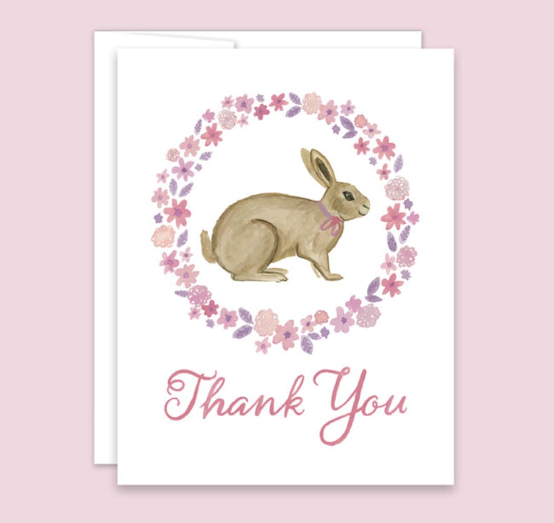 Rabbit Thank You Notes, Watercolor Wreath Thank You Notes With Bunny ...