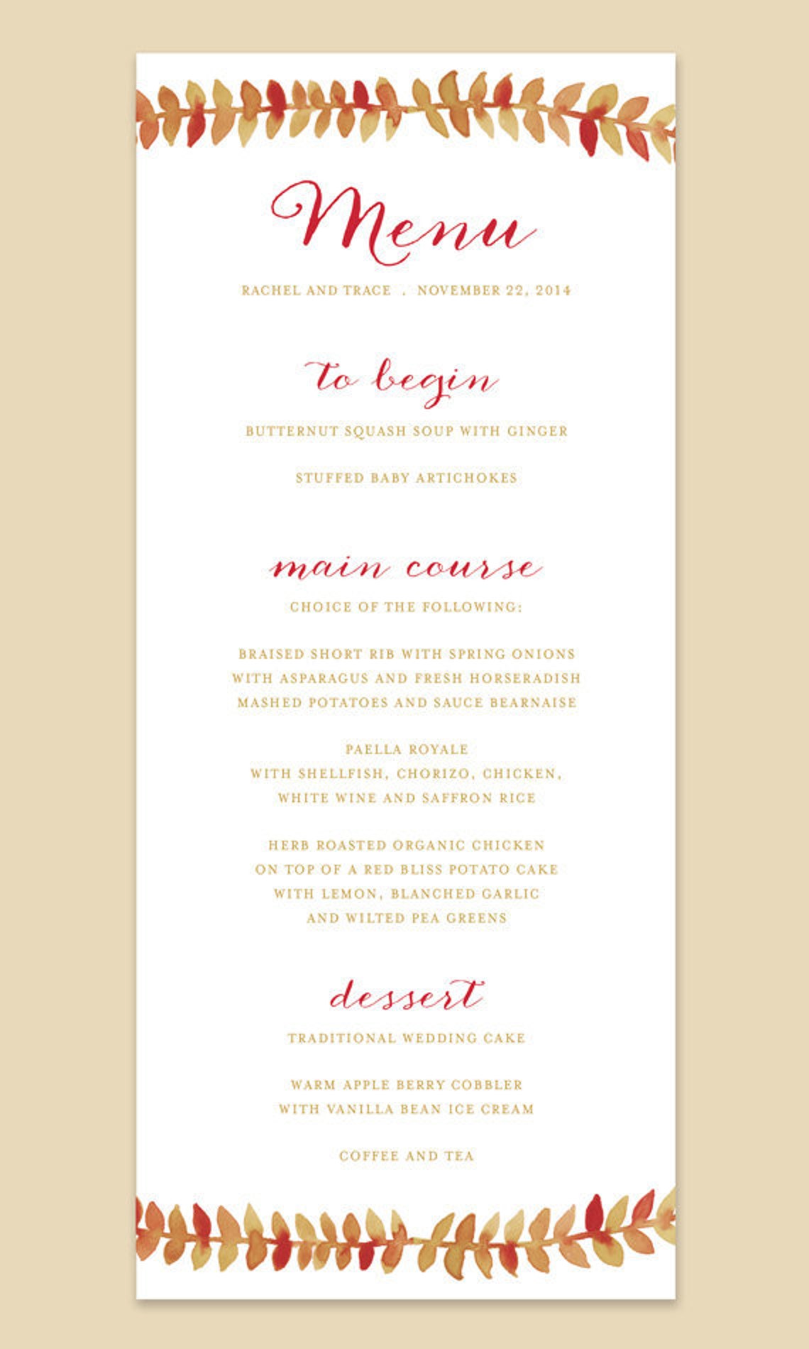 Fall Leaf Menu Card Watercolor Leaf Fall Wedding Menu Card - Etsy