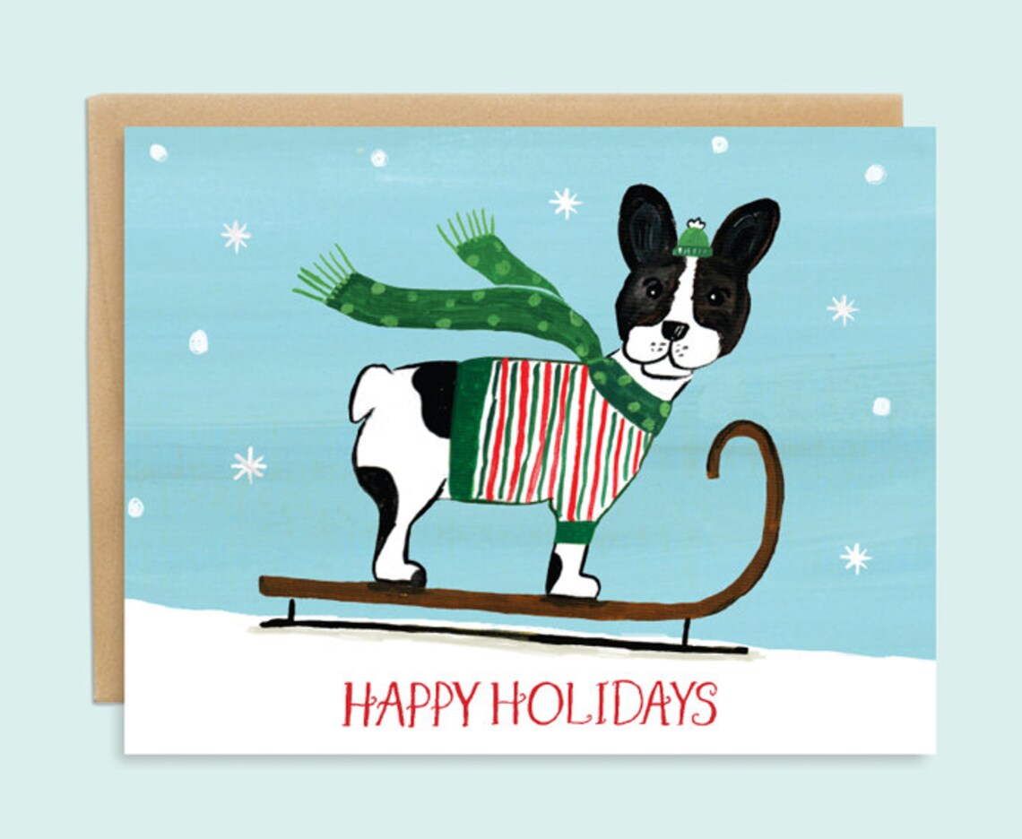 French Bull Dog Christmas Card With Holiday Dog Illustration - Etsy