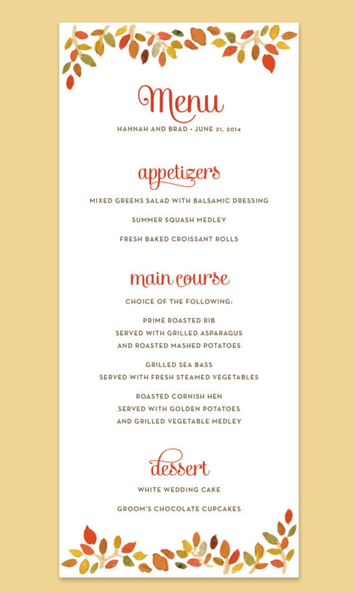 Fall Leaves Wedding Menu Card With Watercolor Leaves Fall | Etsy