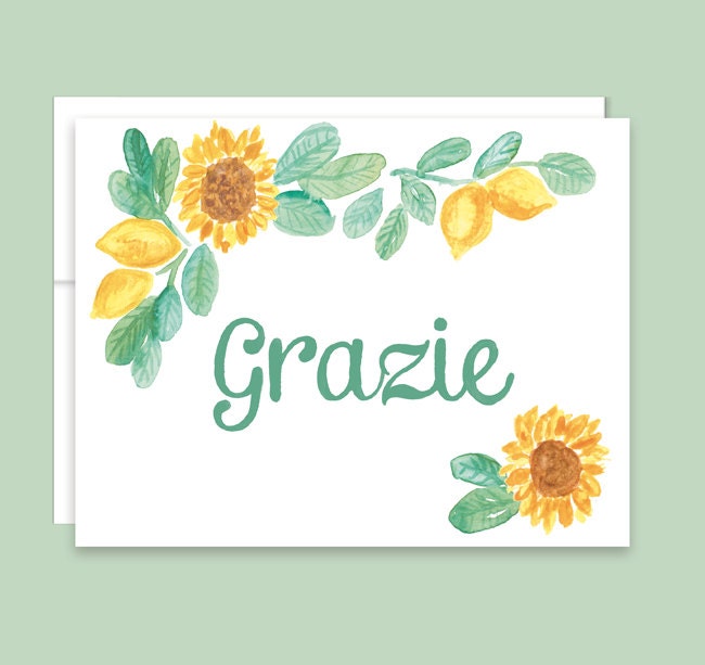 Sunflower Lemon Grazie You Notes, Italian Thank You Cards Watercolor ...