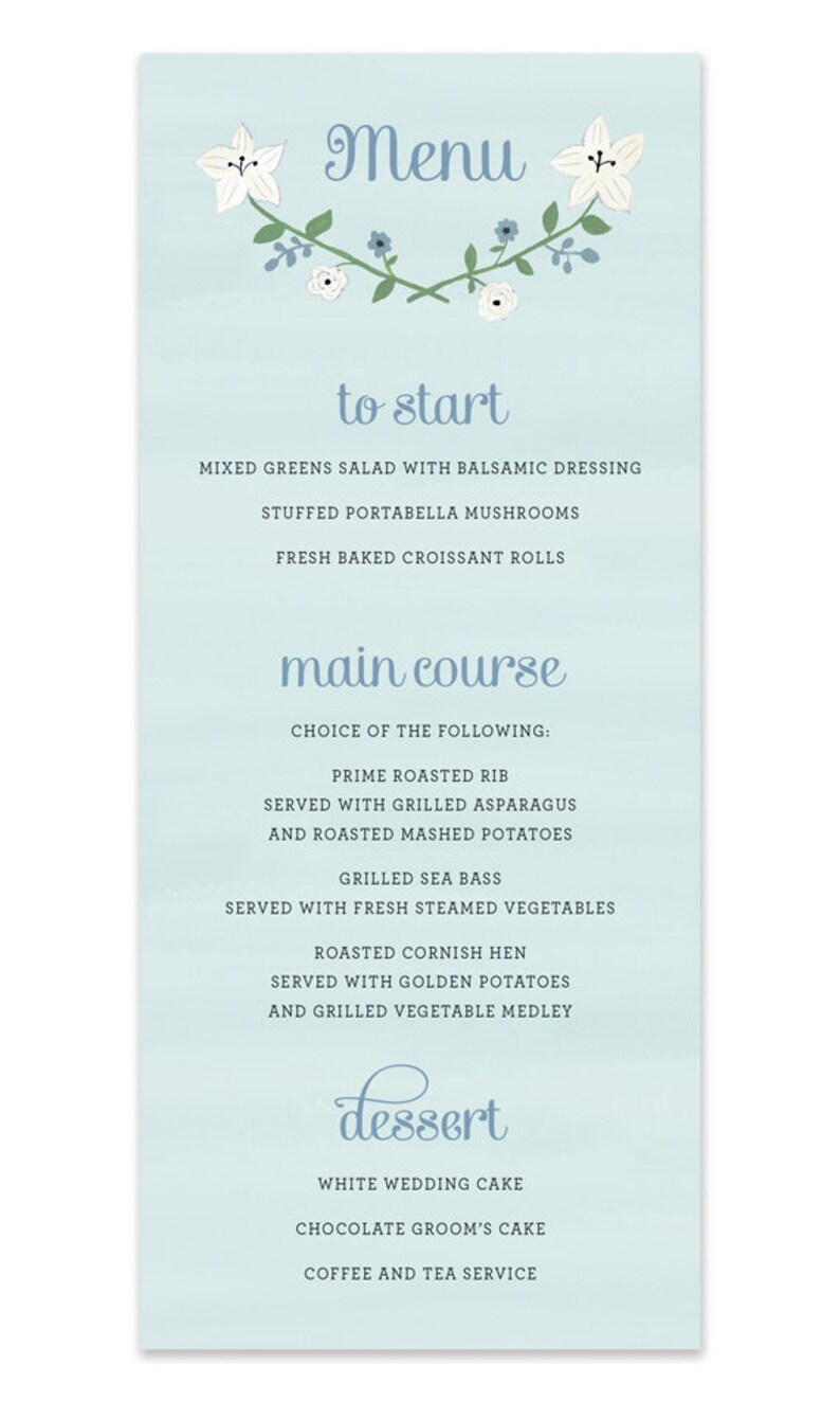 Flower Menu Card With Blue Background Floral Menu Card - Etsy
