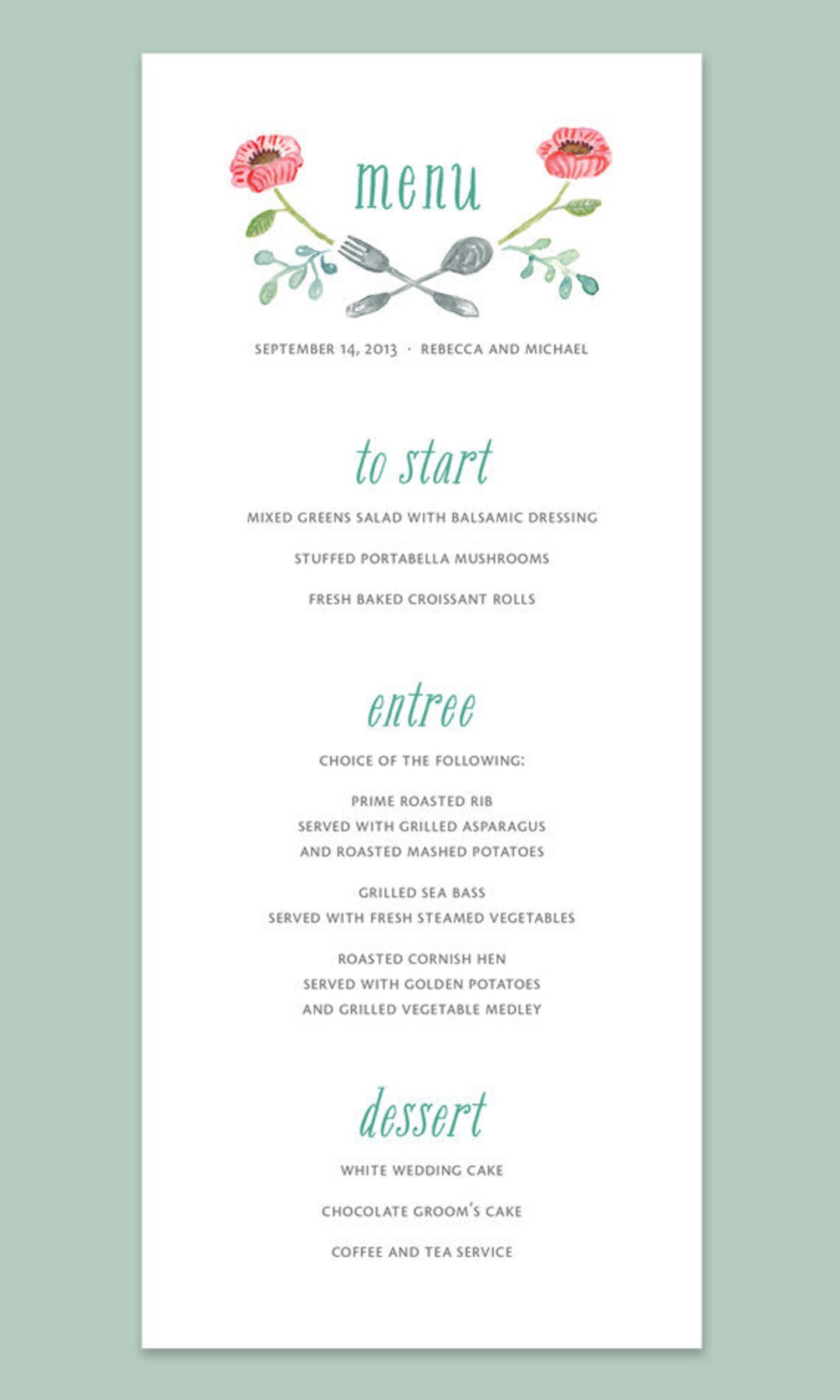 Watercolor Flowers Wedding Menu Card, Watercolor Menu Card, Rustic ...