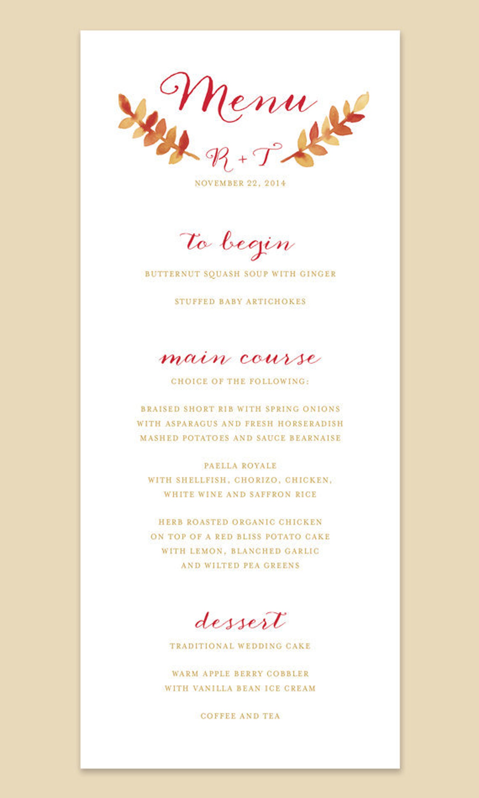 Fall Leaf Menu Card Watercolor Leaf Fall Wedding Menu Card - Etsy