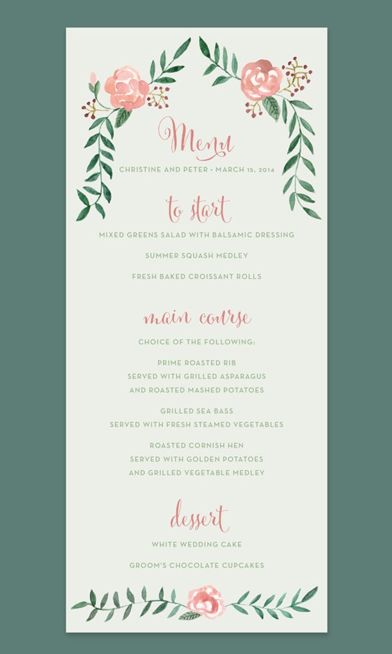 Rose Wedding Menu Card With Hand-painted Watercolor Flower - Etsy
