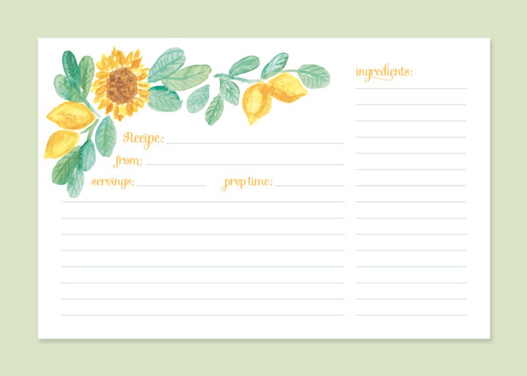 Cute Recipe Card Sunflower Lemon Sunflower Recipe Cards - Etsy