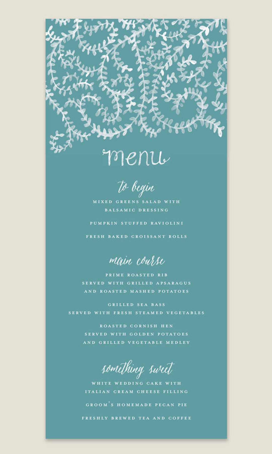 Pretty Menu Card With Hand-painted Watercolor Vine Watercolor - Etsy