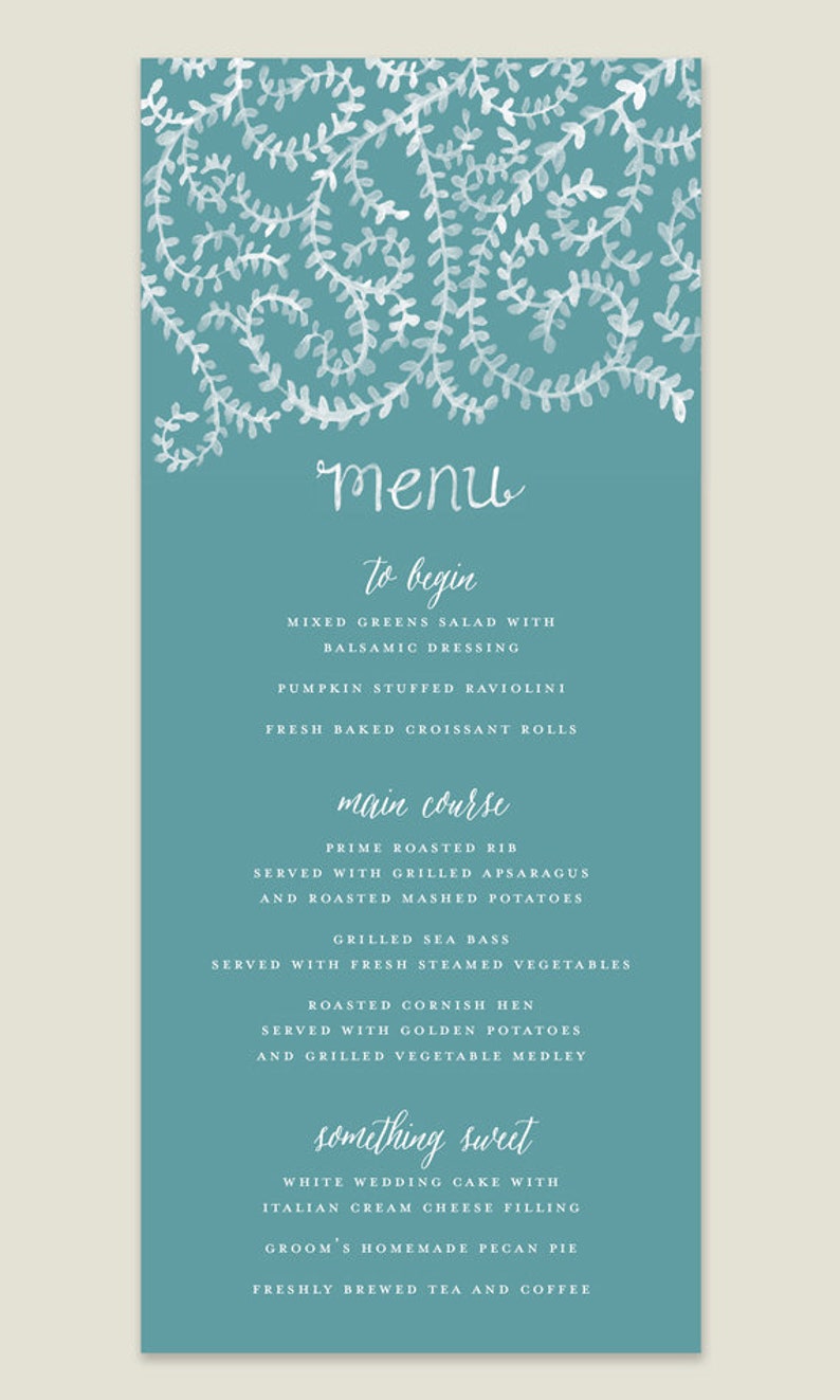 Pretty Menu Card with Hand-painted Watercolor Vine Watercolor | Etsy