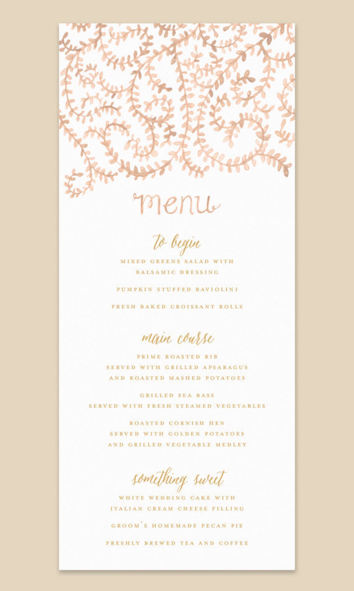 Pretty Menu Card With Hand-painted Watercolor Vine Swirl - Etsy