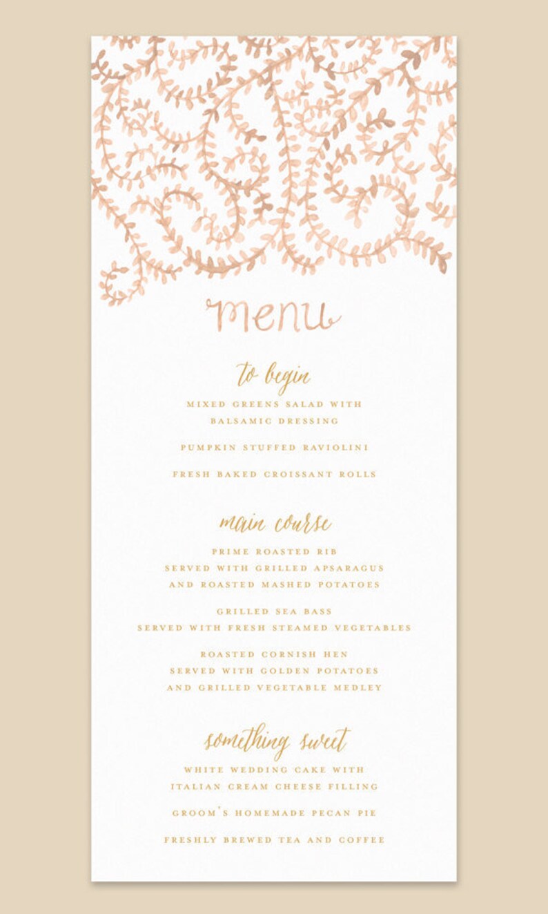 Pretty Menu Card With Hand-painted Watercolor Vine Swirl - Etsy