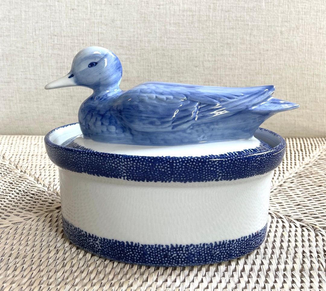 Vintage Duck Casserole Dish Lidded Blue and White Serving Dish Duck ...