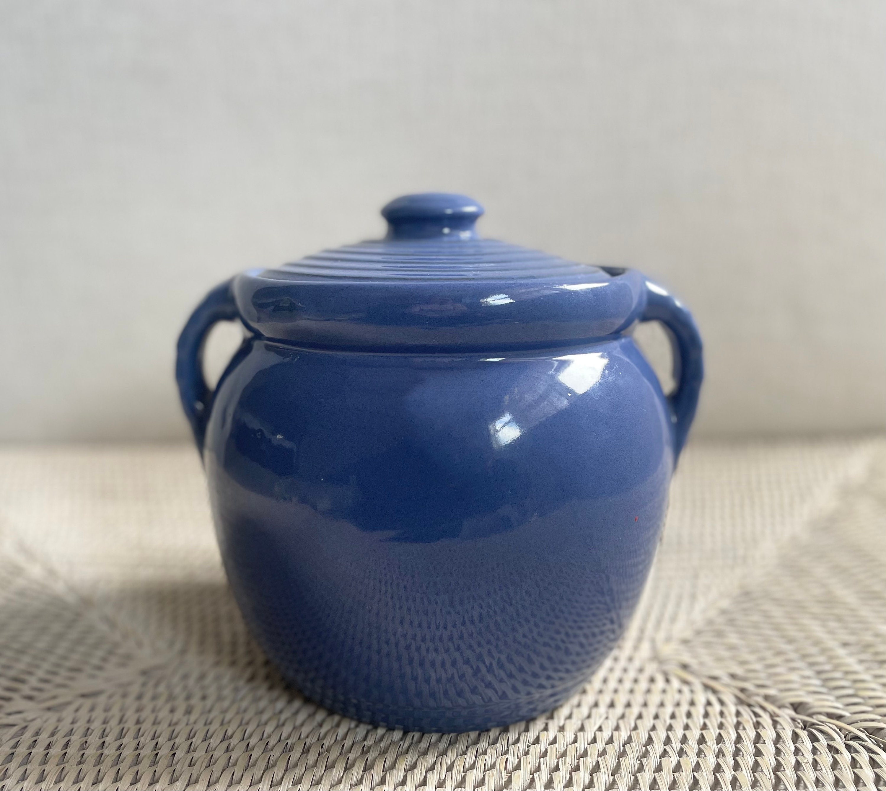 Vintage Blue Crock With Lid Double Handles Bean Pot Floral Vase Clay ...