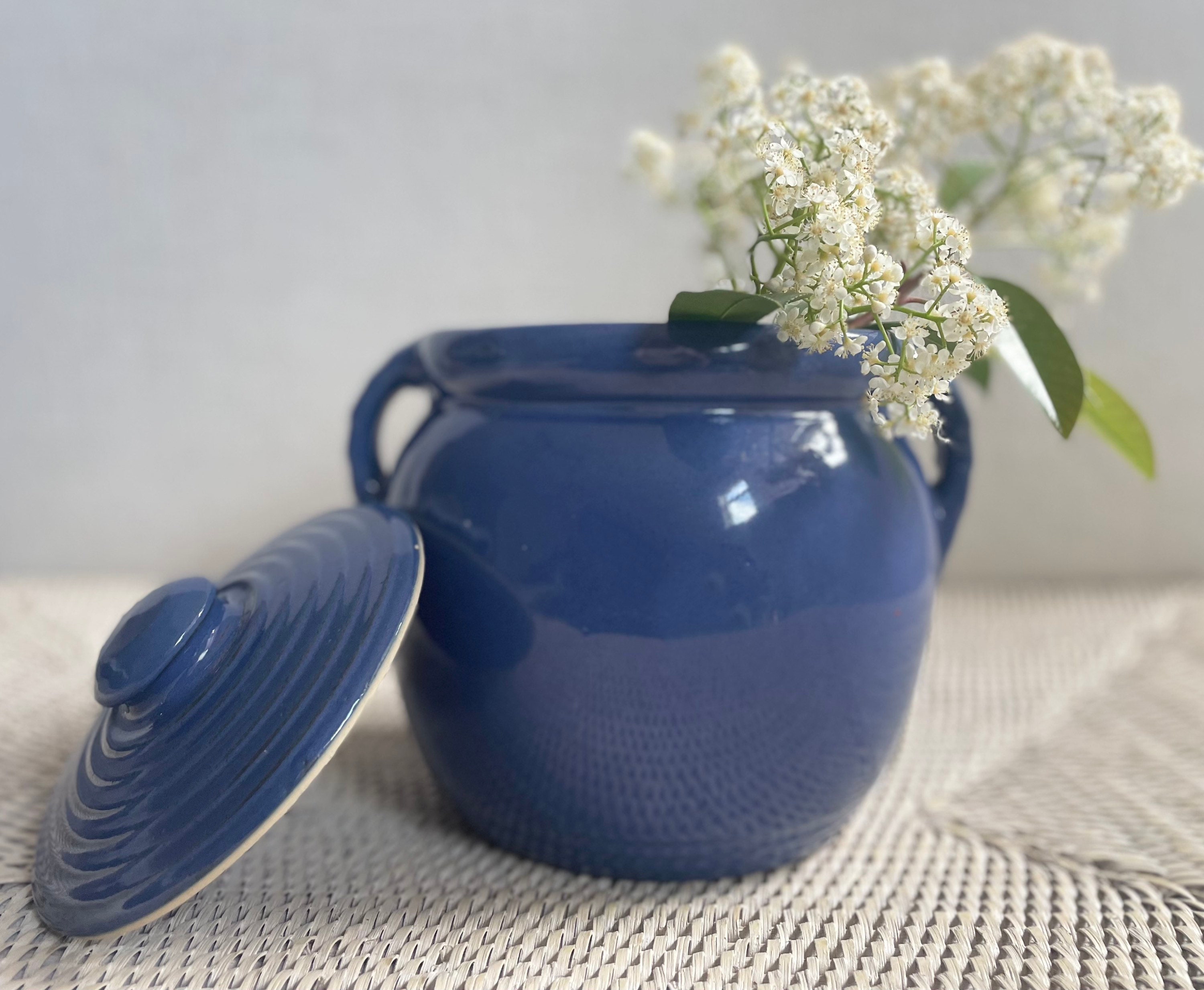 Vintage Blue Crock With Lid Double Handles Bean Pot Floral Vase Clay ...