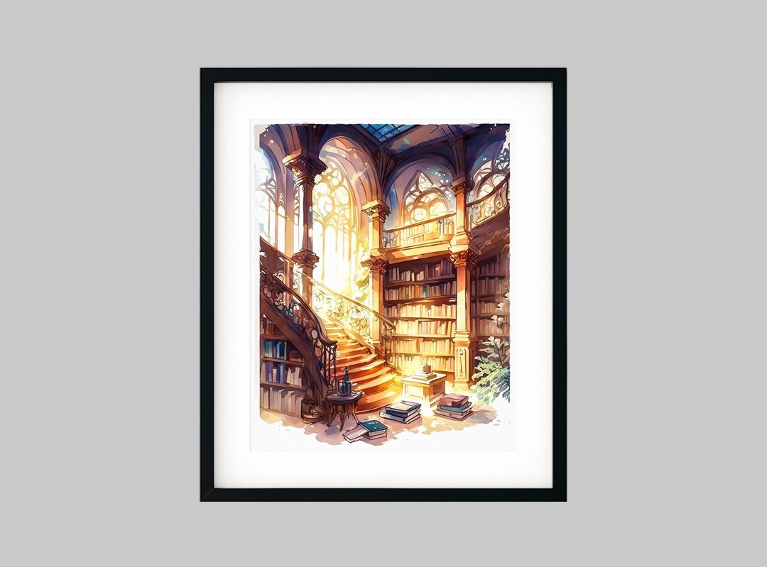 Glowing Library 2 Watercolor Print Book Lover Watercolor Series ...