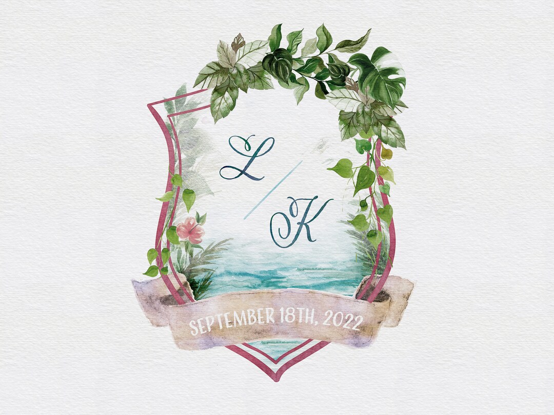 Tropical Beach Watercolor Crest Semi-custom Crest for Coastal Weddings ...