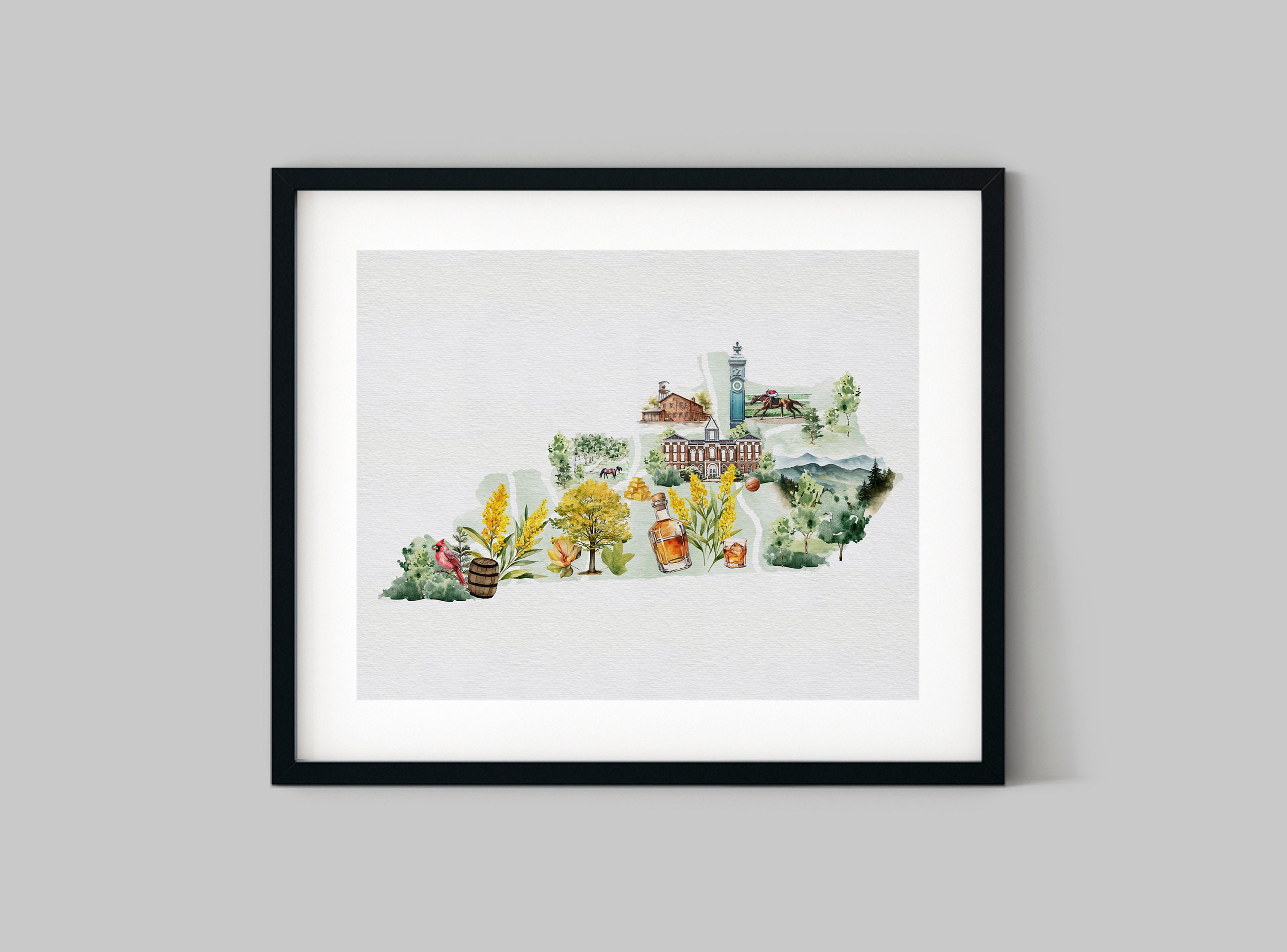 Kentucky Icons State Outline Watercolor Print Hometown Series, Kentucky ...