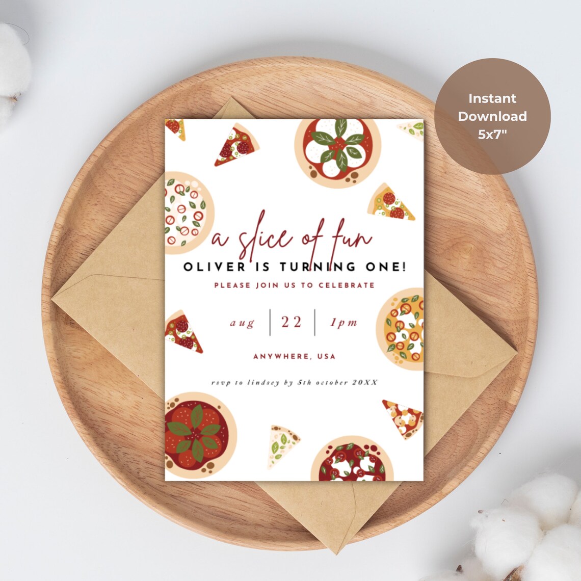 Pizza Party Invitation TEMPLATE, Slice of Fun First Birthday Invite ...
