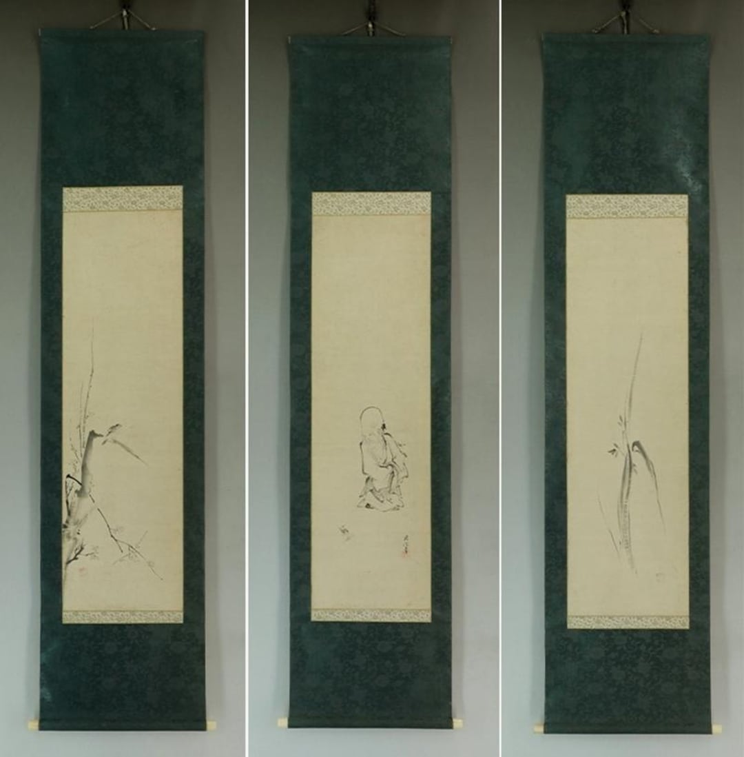 SET Antique Japanese Hanging Scroll Triptych Fukurokuju, Bird and ...