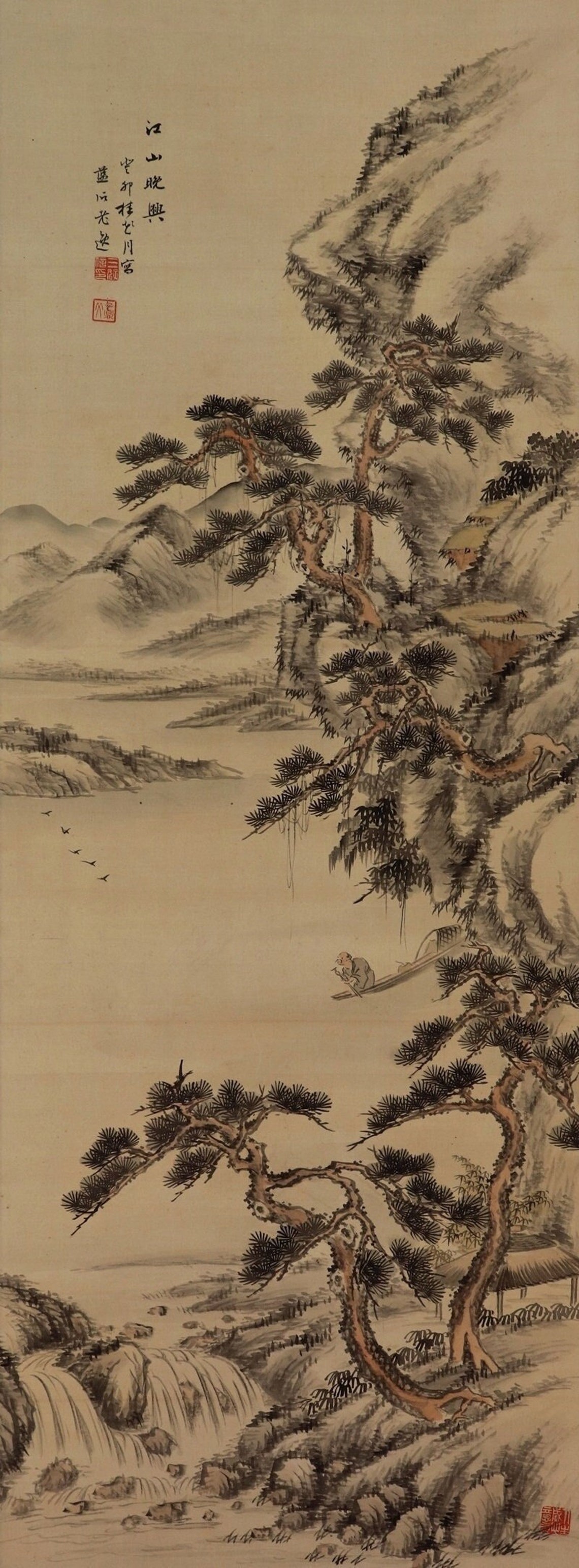 Antique Ink Wash Landscape Painting, Japanese Hanging Scroll Kakejiku ...