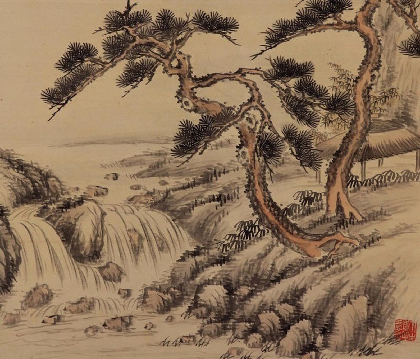 Antique Ink Wash Landscape Painting, Japanese Hanging Scroll Kakejiku ...
