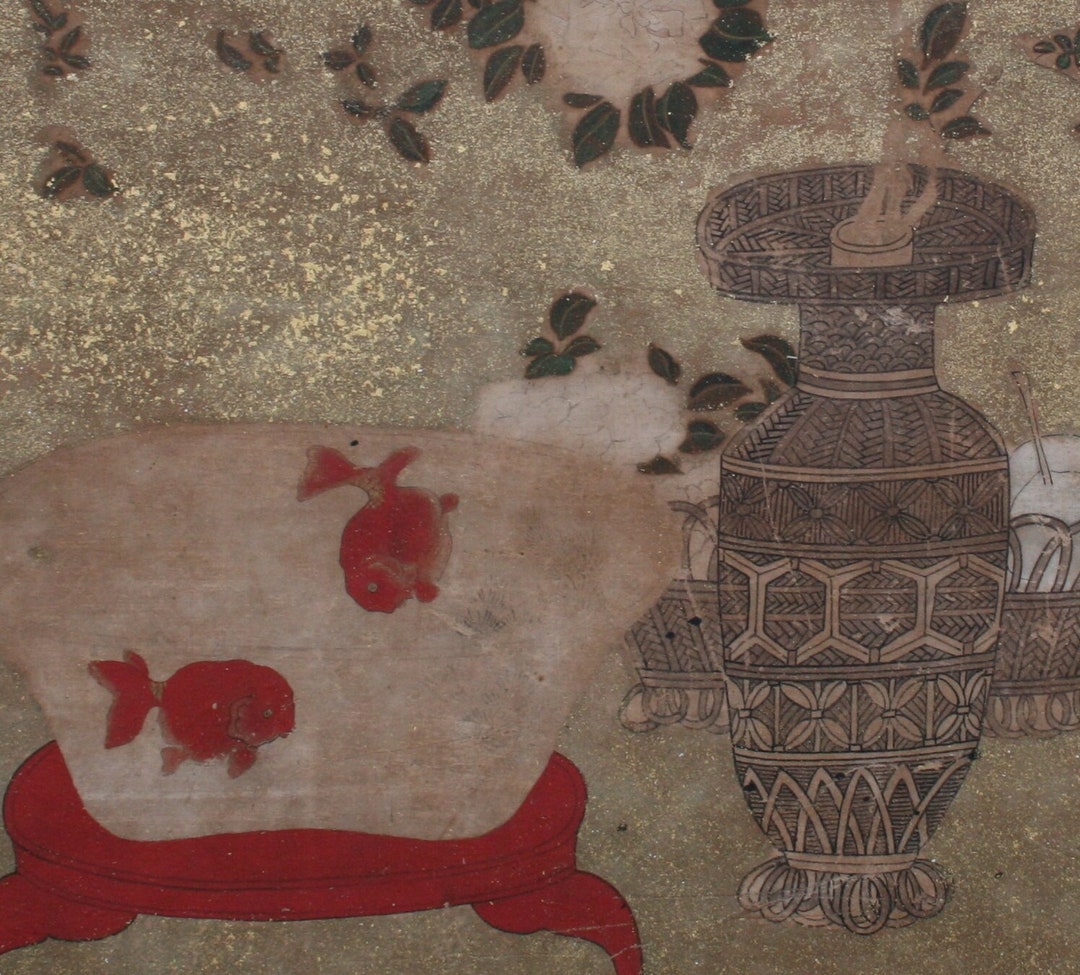 Antique Japanese Two Panel Folding Screen,kingyo Painting,goldfish ...