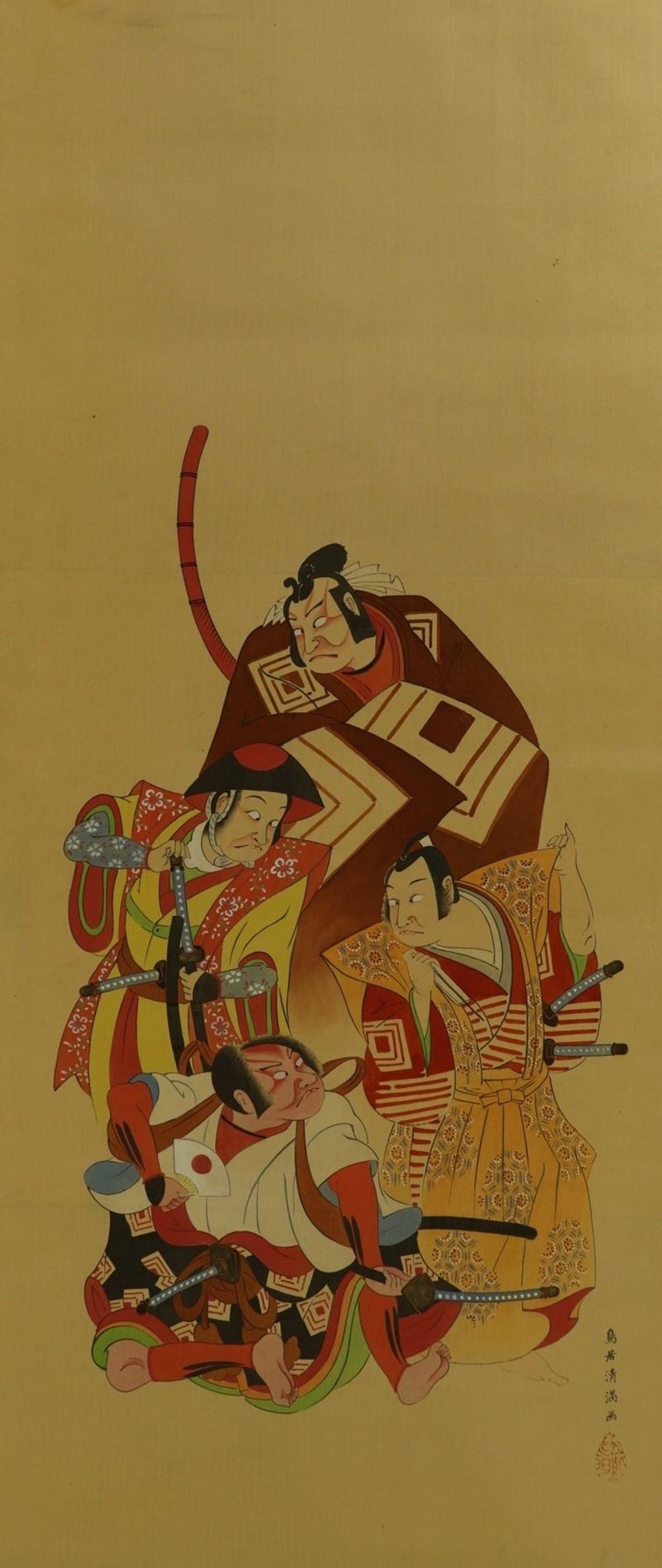 Antique Japanese Hanging Scroll, Kabuki Actors, Ukiyo-e Painting on ...
