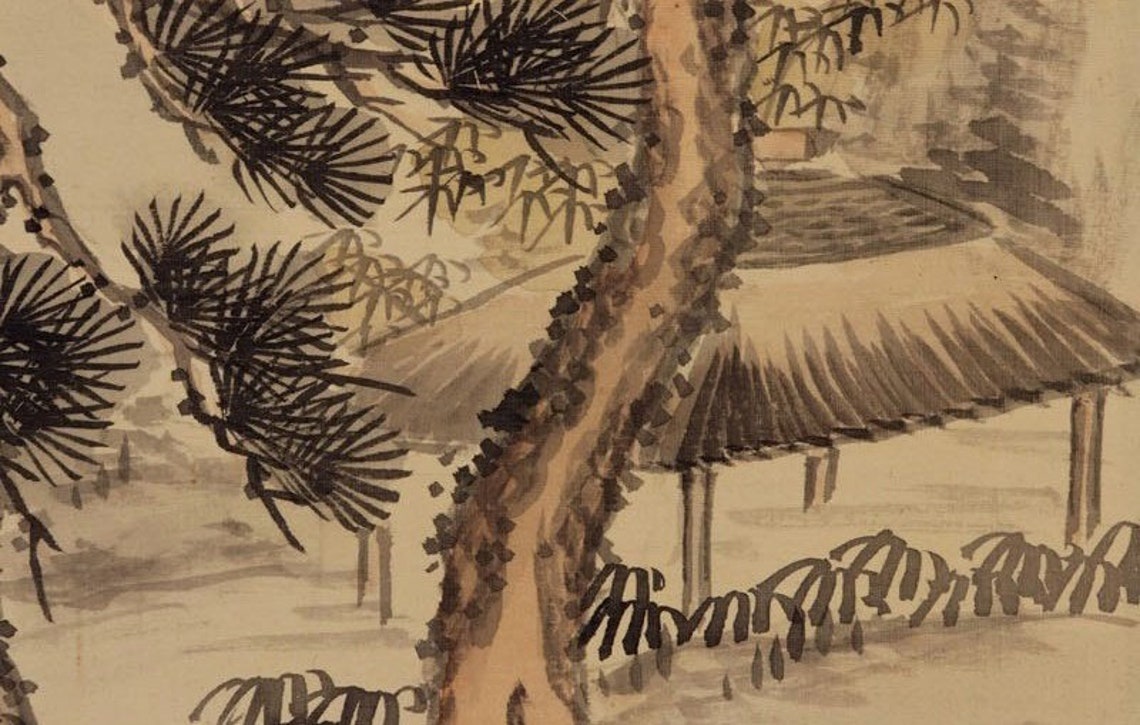 Antique Ink Wash Landscape Painting, Japanese Hanging Scroll Kakejiku ...